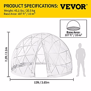 VEVOR Garden Dome 12ft - Geodesic Dome with PVC Cover - Lean to Greenhouse with Door and Windows for Sunbubble, Backyard, Outdoor Winter, Party
