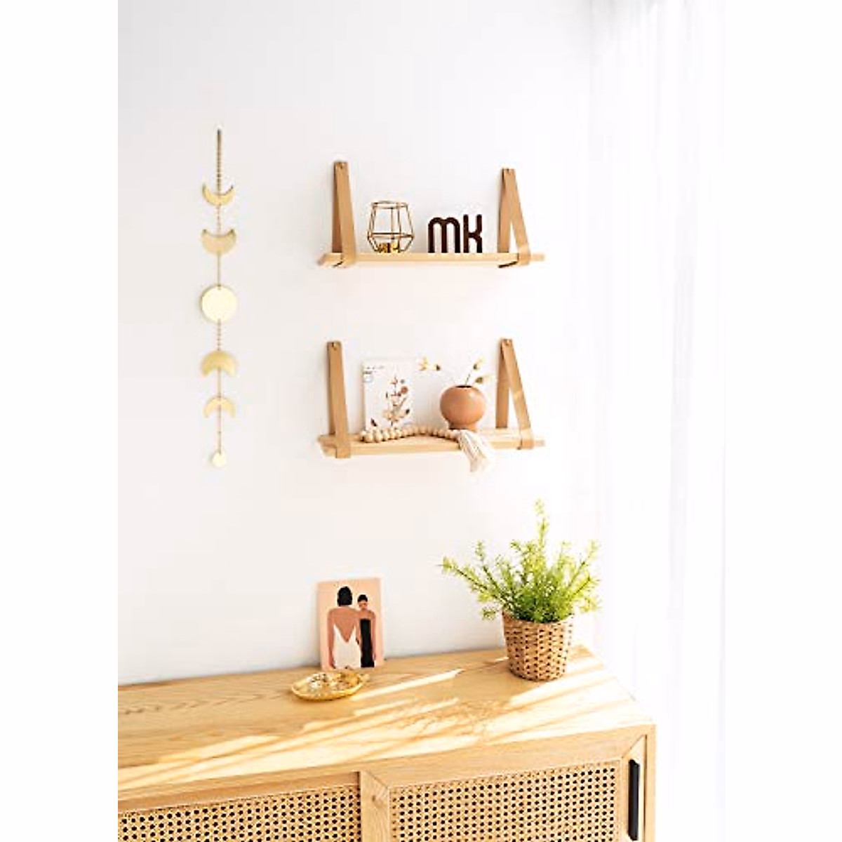 Mkono Hanging Shelf Wall Wood Floating Storage Shelves Leather Strap Swing Organizer for Nursery Bedroom Living Room Bathroom Dorm, Set of 2
