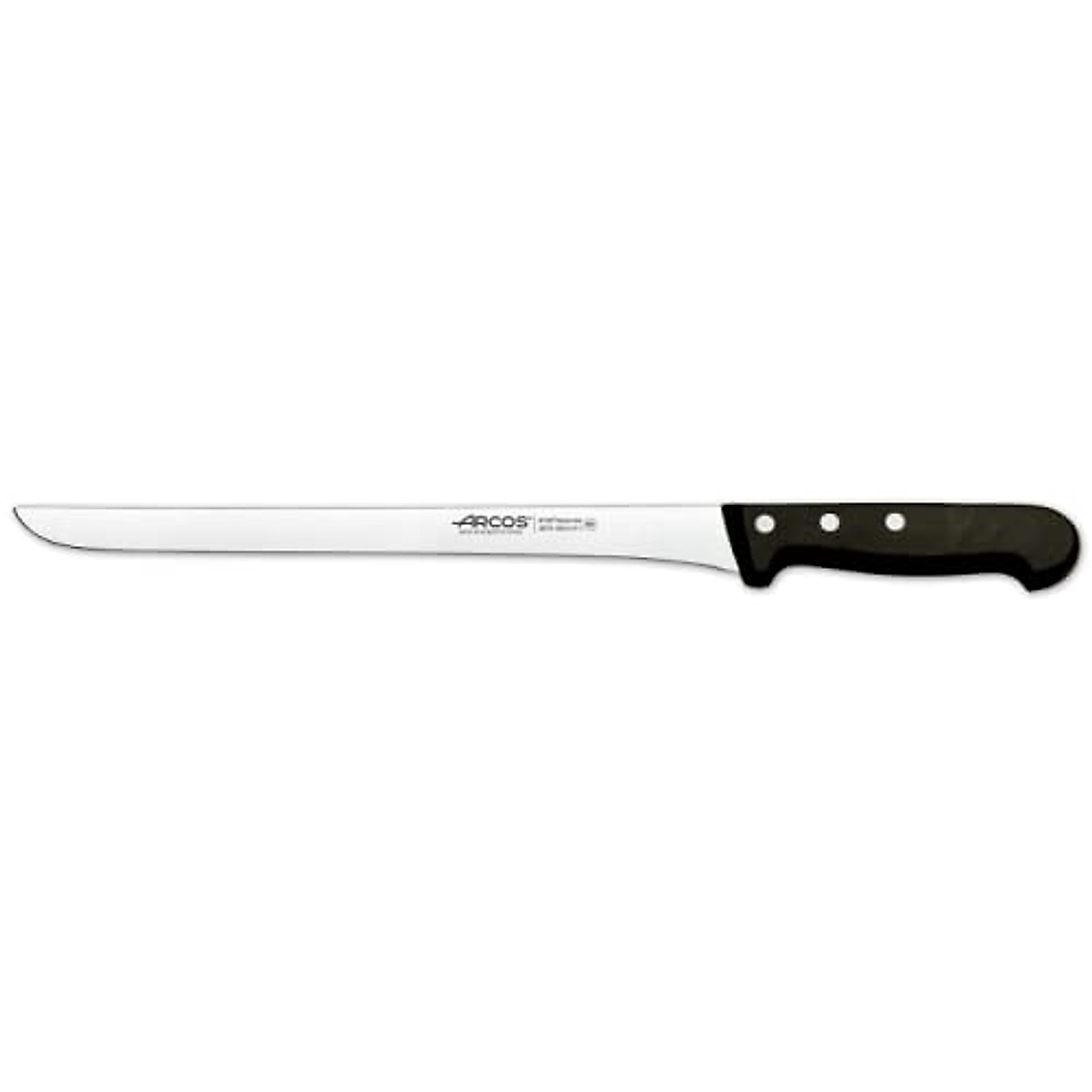 ARCOS Slicing Knife / Ham Knife 11 Inch Nitrum Stainless Steel and 280 mm blade. Ergonomic Polyoxymethylene POM Handle. Series Universal. Long, sturdy blade and serrated edge. Easily cuts. Color Black