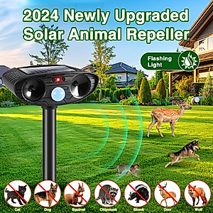 Ultrasonic Animal Repellent Outdoor Solar Animal Repeller with Motion Detection Cat Deterrent Outdoor Deer Repellent Device to Scare Coyote Raccoon Squirrel Skunk Repellent for Yard (2PCS)