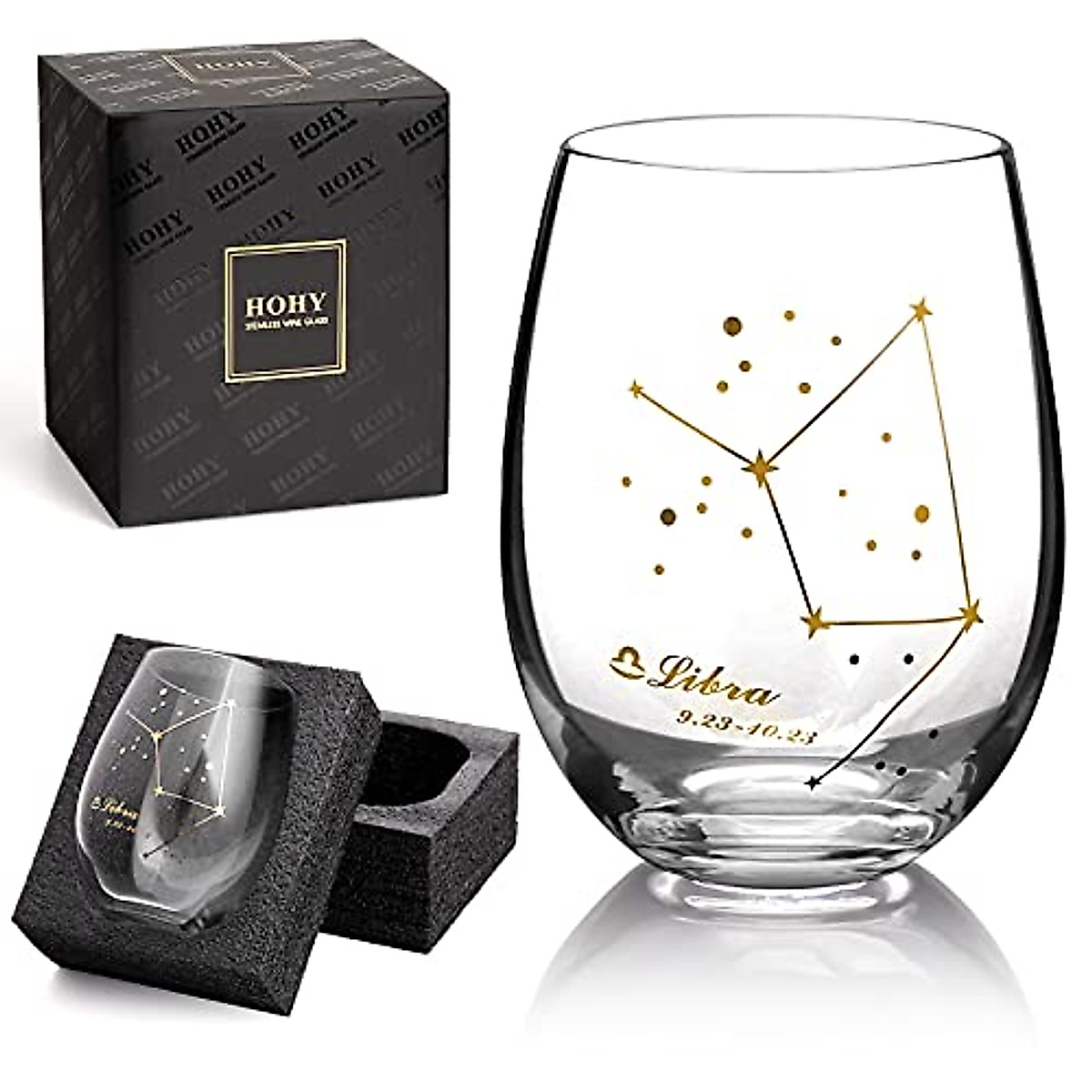 HOHY Libra Wine Glass Libra Gift 20oz, Libra Stemless Wine Glass, Constellation Glasses Zodiac Sign Define Design, Horoscope Gift, Astrology Gifts for Women Men