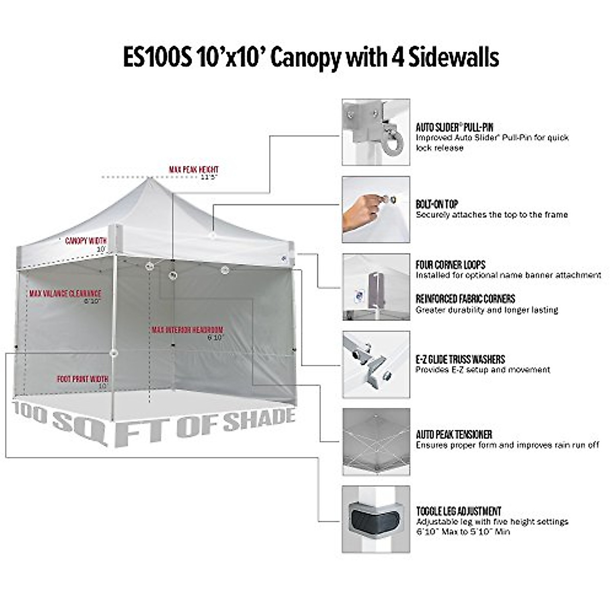 E-Z UP ES100S Instant Commercial Canopy, 10' x 10' with 3 Sidewalls, 1 Mid-Zip Sidewall and Wide-Trax Roller Bag, White