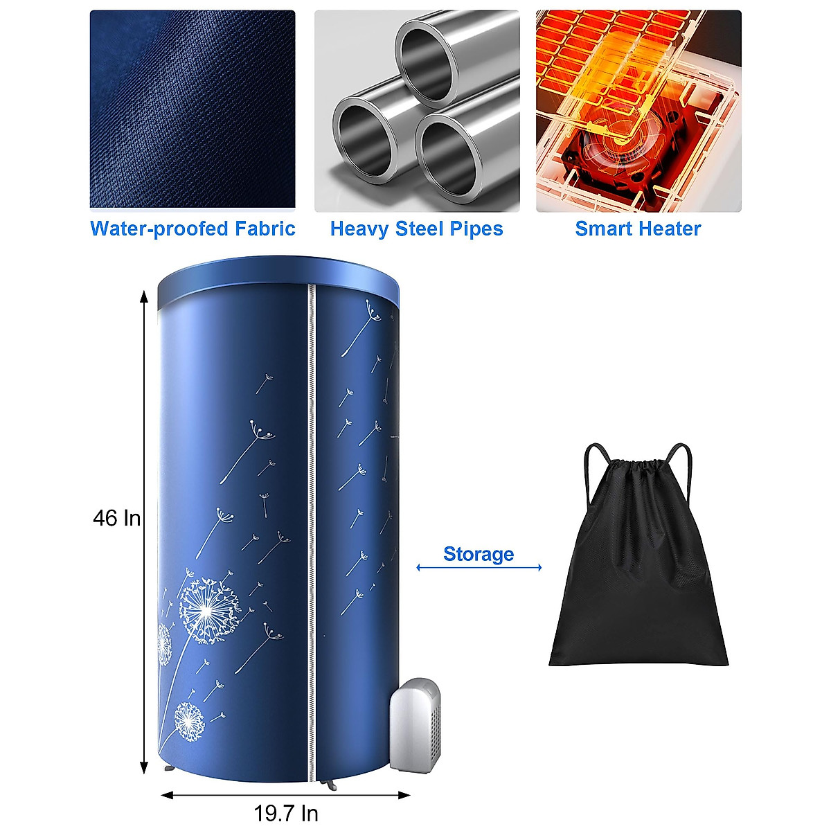 KASYDoFF Portable Dryer, 46Inch -1000W Portable Clothes Dryer, Travel Portable Dryer Machine for Clothes with Timer, Mini Dryer for Apartment, Home, RVs