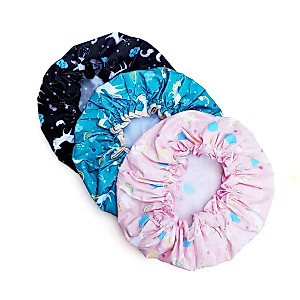 HOMESJUN Shower Cap, 3 Packs Waterproof Reusable Bath Caps for Women Hair, Double Layers Elastic Shower Hat Hair Protection