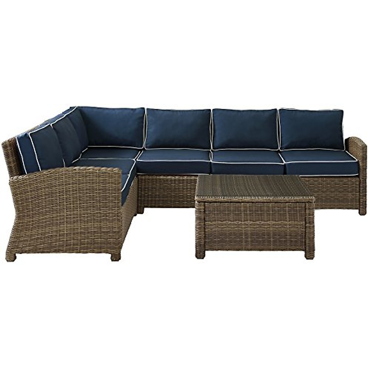 Crosley Furniture Bradenton 5-Piece Outdoor Sectional Sofa Wicker Conversation Patio Furniture Set for Deck, Brown with Navy Cushions