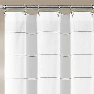 Lush Decor White Woven Cotton Shower Curtain with Gray Stripe and Tassel Fringe, Bathroom Accessories (72" x 72")