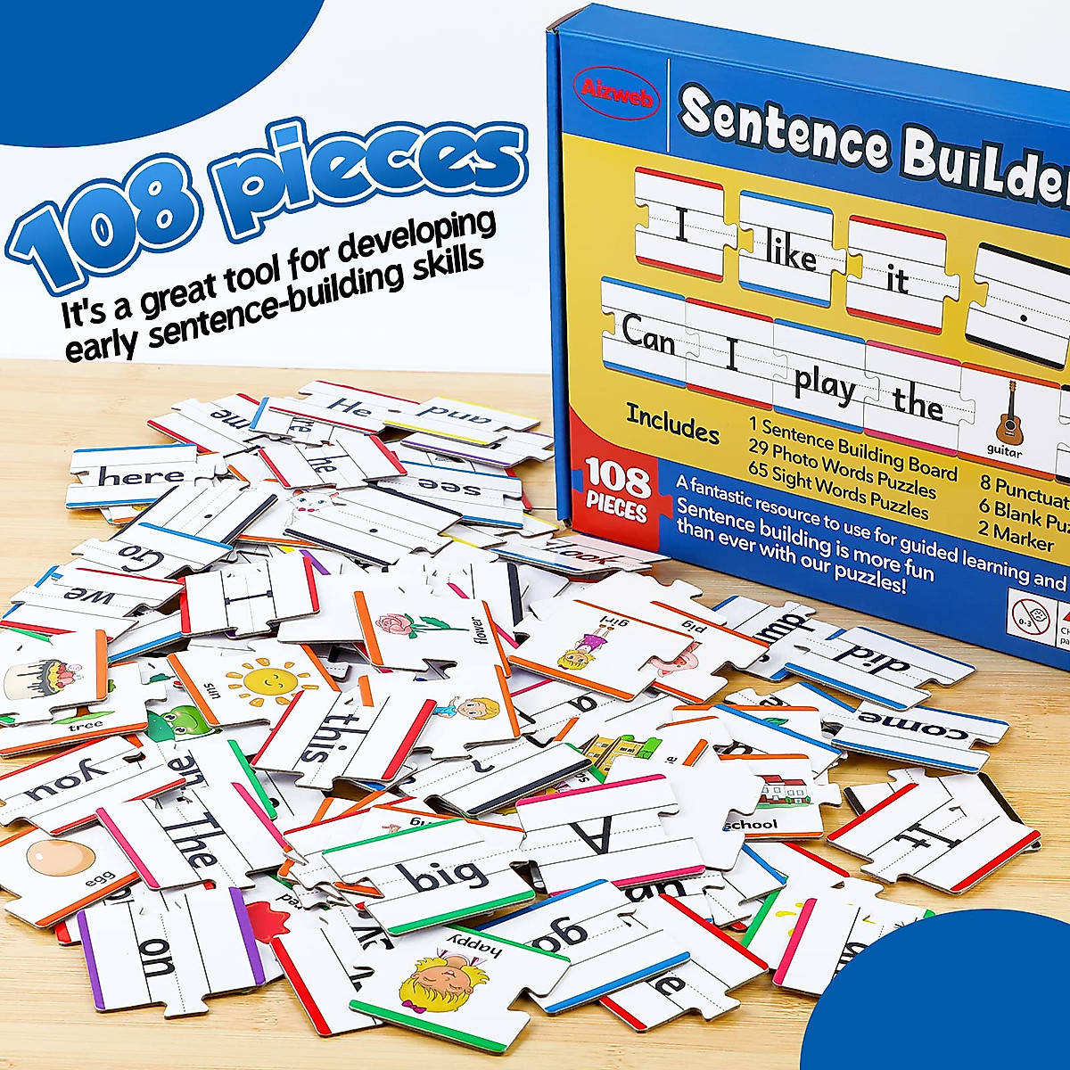 Aizweb Sentence Building,Sight Word Games for Kindergarten 1st 2nd Grade Classroom Must Haves,Montessori Phonics Reading Learning Games,Speech Therapy Special Education Manipulative Toy for Teacher