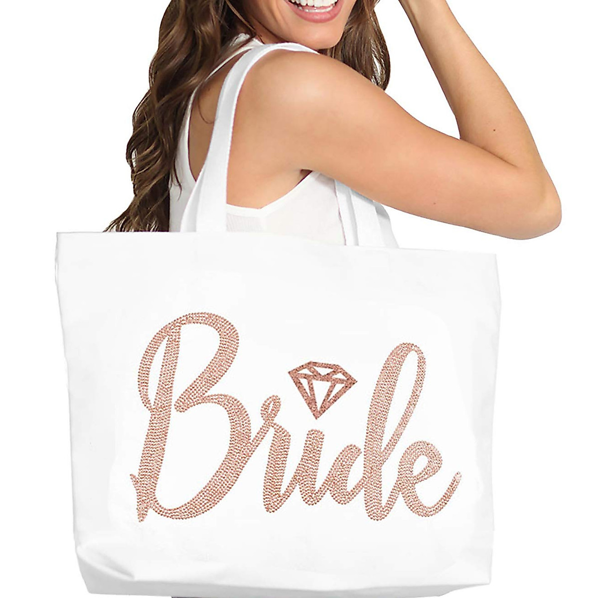 Rose Gold Bride Tote Bag - Giant Brides Tote with Diamond Motif, Bridal Shower Gift & Bridal Accessories - White Tote(DBride RSG) WHT