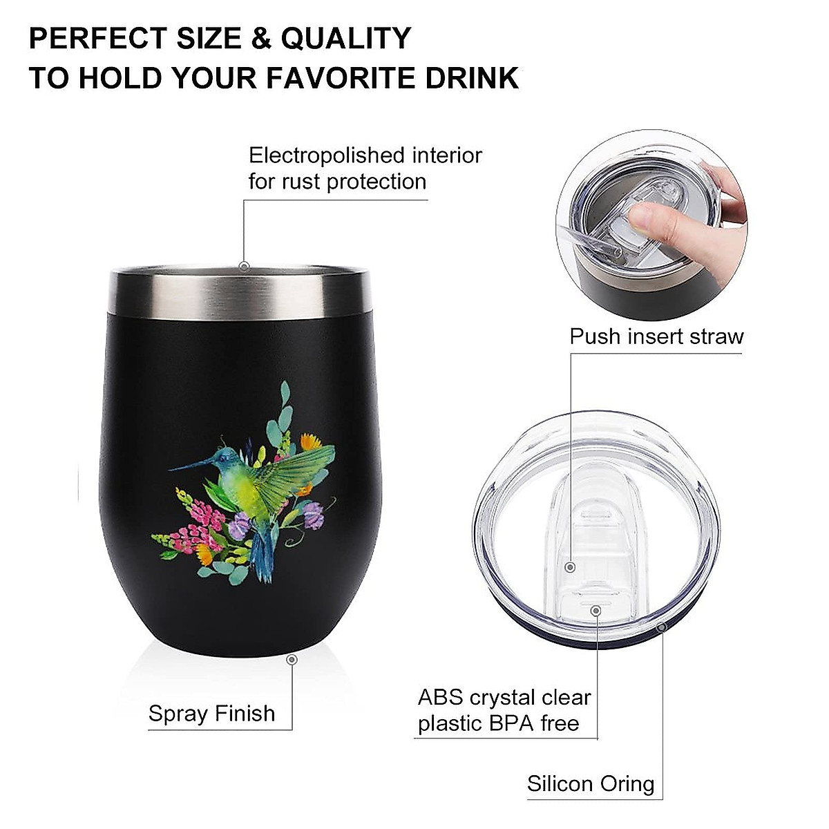 Hon-Lally Hummingbird Flower Pattern 12 oz Stainless Steel Wine Tumbler with Lid Mug Cup Double Wall for Coffee, Cocktail, Drink, Tea and Beer - black-style