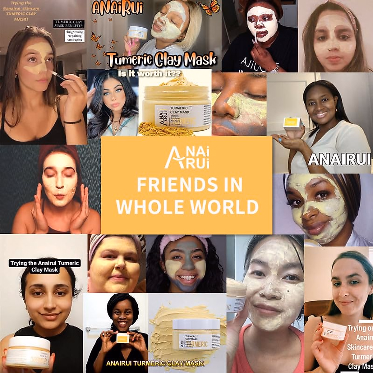 ANAI RUI Turmeric Clay Mask, Vitamin C Facial Mask with Turmeric & Kaolin Clay, Cleasning Mask for Acne, Pores, Radiant & Smooth Skin, 6.35 oz