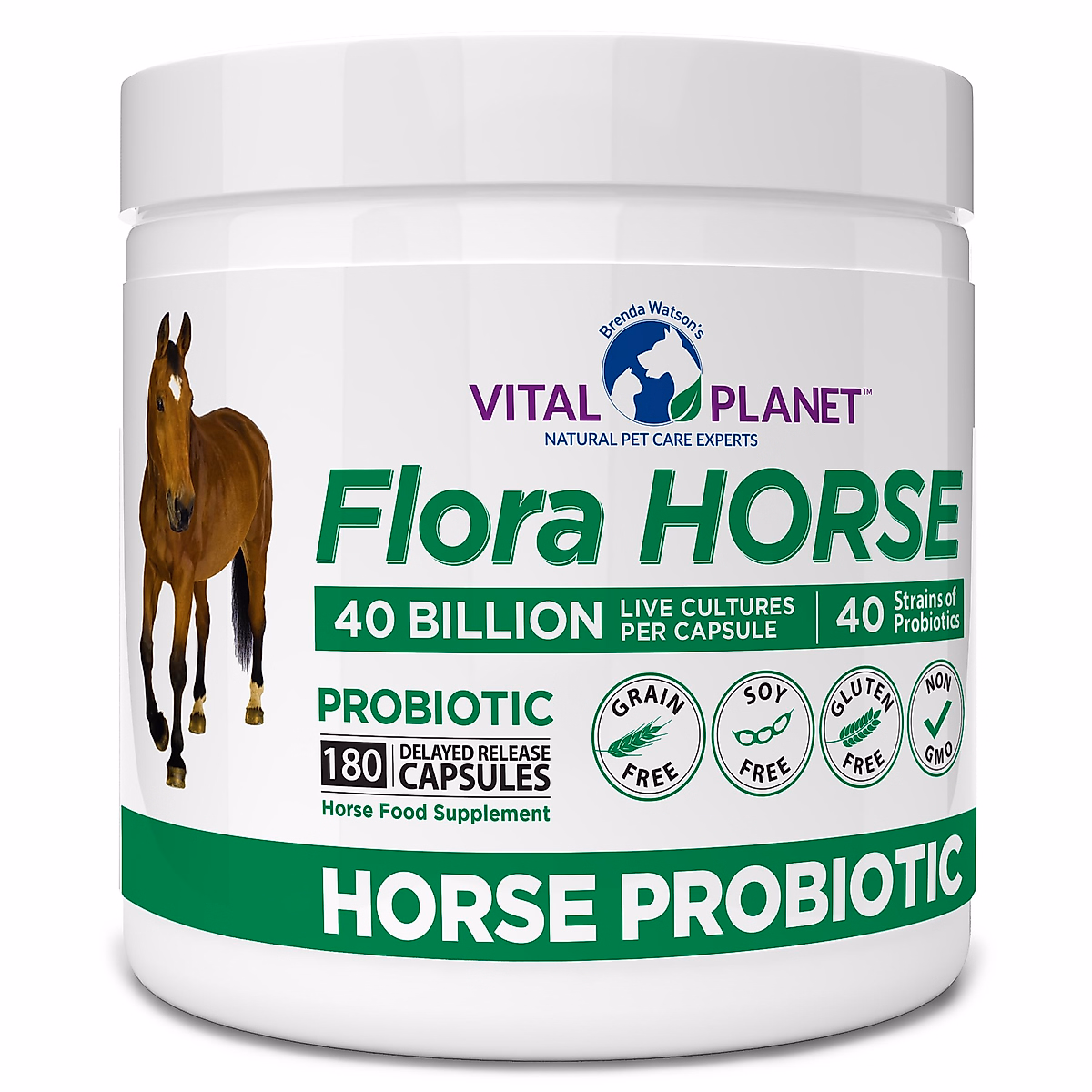Vital Planet - Flora Horse Probiotic, High Potency Equine Probiotics with Prebiotics, 40 Billion Live CFU from Multiple Strains, Digestive and Immune Support, 180 Delayed Release Capsules (180 Days)