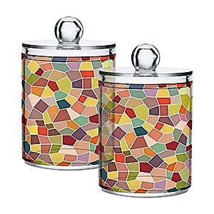 Kigai Colorful Geometry Qtip Holder - 14OZ Clear Plastic Apothecary Jars Bathroom Canister Dispenser Organizer Vanity Storage Jar with Lid for Cotton Ball, Cotton Swab, Floss (4PACK)