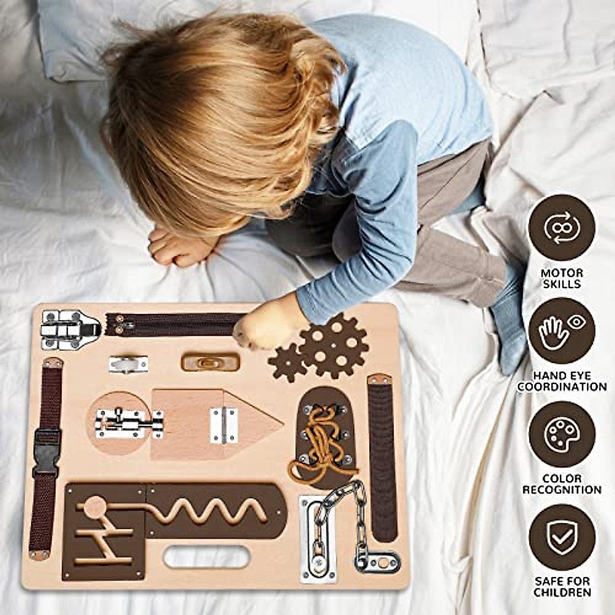 Montessori Busy Board for Toddlers, Wooden Sensory Toys, Preschool Learning Activities for Fine Motor Skills Travel Toy, Basic Life Skills Educational Gifts for 1 2 3 4 Years Old Kids Boys Girls