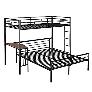MOEO Twin Over Full Metal Bed with Desk and Ladder for Kids, Adults, Bedroom, Steel Bunk Bedframe w/Slats, No Box Spring Needed, White, Black