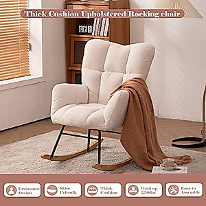 Polaris Garden Nursery Rocking Chair, Modern Teddy Fabric Nursing Chair for Mom and Baby, Accent Upholstered Rocker Glider Chair with High Backrest for Nursery Bedroom Living Room (Ivory White)