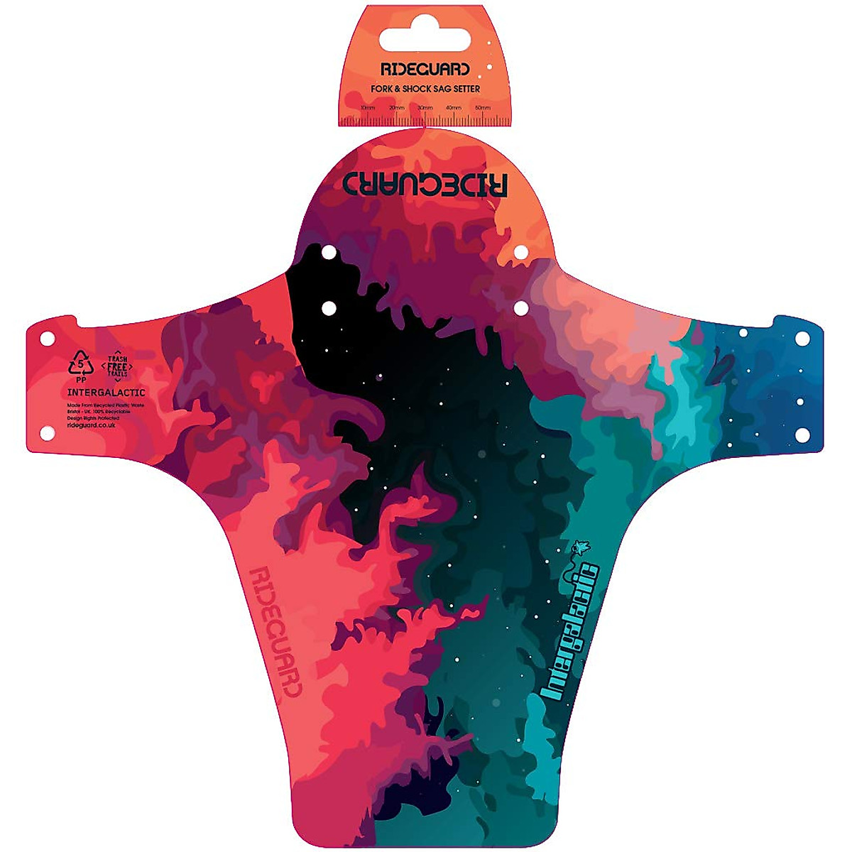 RideGuard PF1 Intergalactic. Front MTB Mudguard Mountain Bike Fender. Fits 24”, 26”, 27.5”, 29”, Plus Size and Fat Bikes. UK Made 100% Recycled Plastic Waste 100% Recyclable.