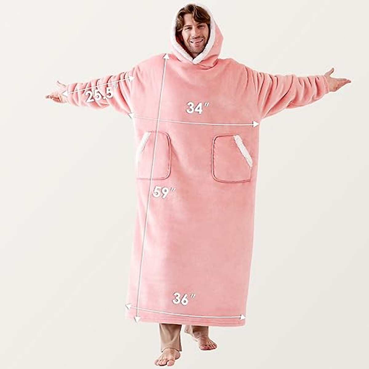 EHEYCIGA Wearable Blanket Hoodie with Pockets and Sleeves, Flannel Fleece Hooded Blanket for Women Men Adults and Kids, Pink, Extended Oversize