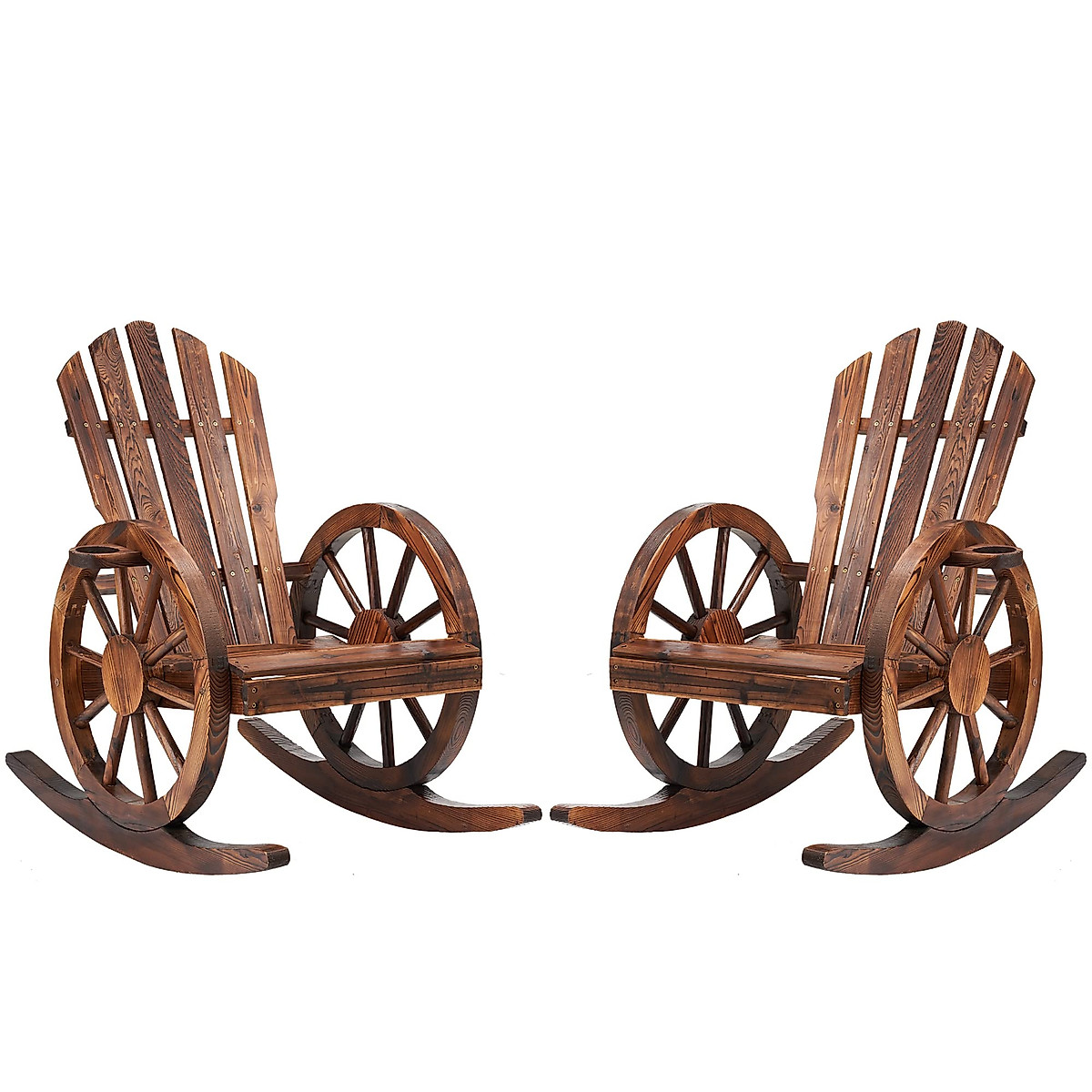 AHB Outdoor Wood Rocking Chair, Wagon Wheel Decor Armrest Yard Glider Rocking Patio Chair with Slatted Design, Adirondack Rocking Chair for Porch Lawn Garden Balcony Poolside, Brown (2 PCS)