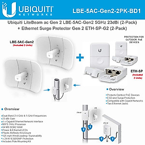 LiteBeam ac Gen 2 LBE-5AC-Gen2 5GHz Airmax 2X2 MIMO 23dBi 450+ Mbps CPE (2-Pack) with Ethernet Surge Protector ETH-SP for Outdoor High-Speed (2-Pack)