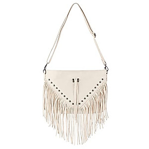 Hoce Women’s Leather Fringe Messenger Bag Hobo Crossbody Tassel Shoulder Bags, Beige