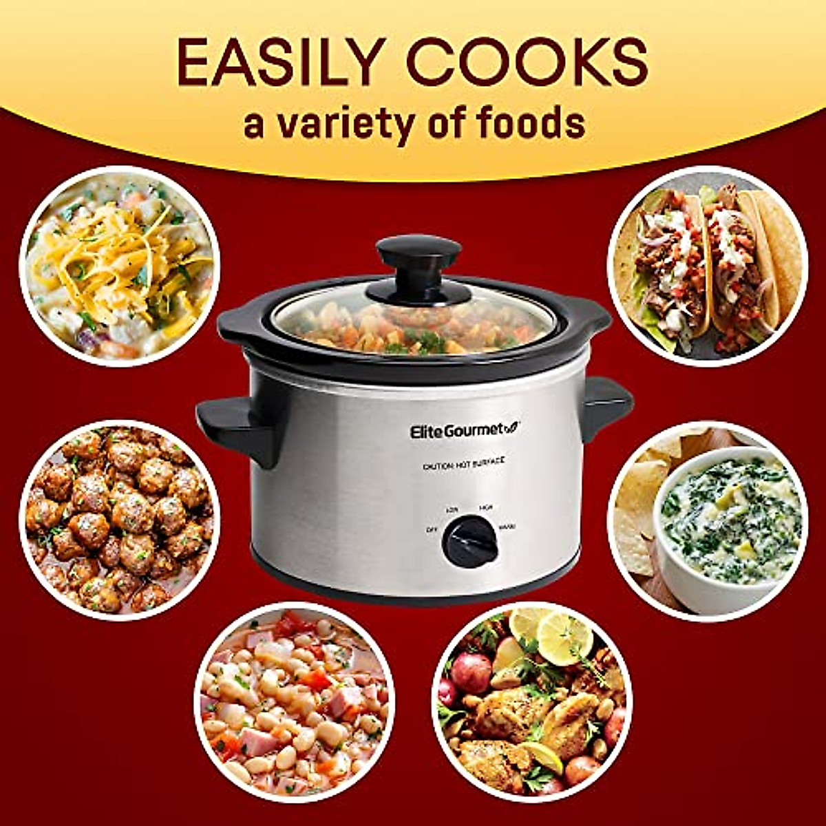 Elite Gourmet MST-250XS Electric Slow Cooker Ceramic Pot, Adjustable Temp, Entrees, Sauces, Stews & Dips, Dishwasher Safe Glass Lid & Crock, 1.5 Quart, Stainless Steel