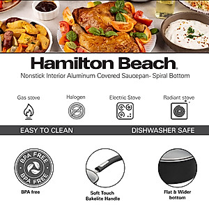 Hamilton Beach Nonstick Covered Sauce Pan 3-Qt - Black Aluminum Saucepan with Soft Touch Bakelite Handle & Glass Lid - Flared Edge - Spiral Bottom, Multipurpose Use - Durable & Dishwasher Safe