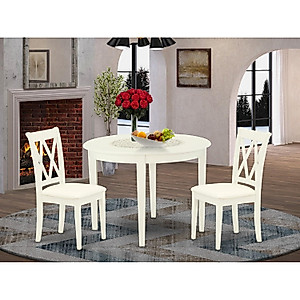 East West Furniture BOCL3-WHI-C 3 Piece Dining Room Table Set Contains a Round Wooden Table and 2 Linen Fabric Kitchen Dining Chairs, 42x42 Inch, Linen White