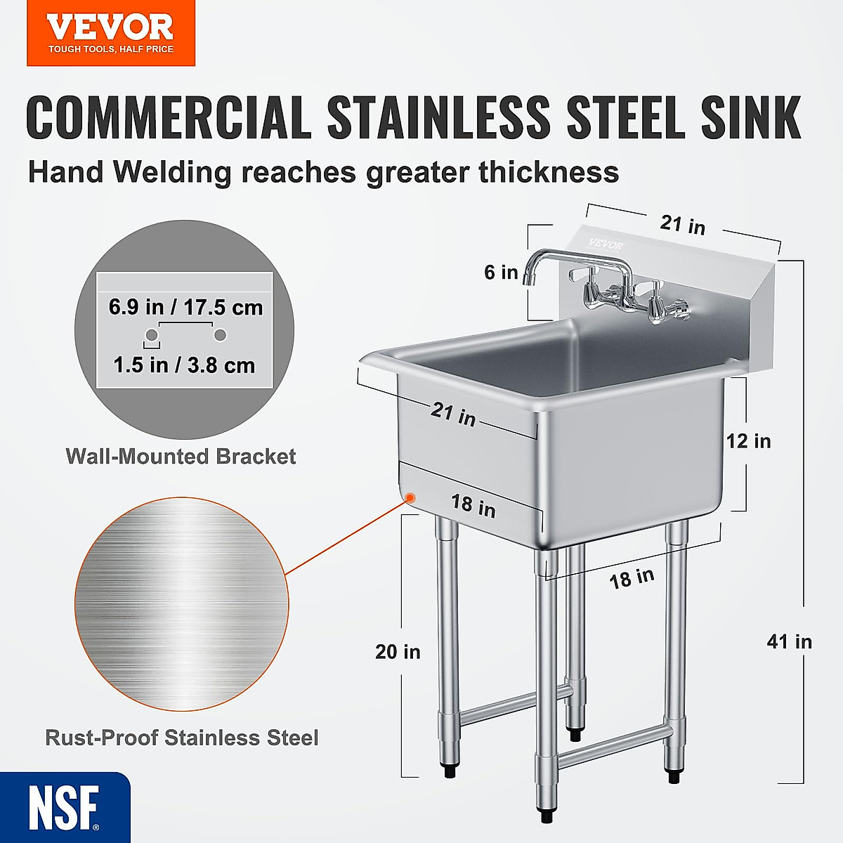 VEVOR Stainless Steel Prep & Utility Sink, 1 Compartment Free Standing Small Sink Include Faucet & legs, 21"x41" Commercial Single Bowl Sinks for Garage, Restaurant, Kitchen, Laundry, NSF Certified
