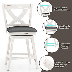 MU Bar Stools Set of 4, 24" Seat Height Counter Height Swivel Barstools with X-Back, Upholstered 360 Degree Swivel Dining Chair with PVC Cushioned Seat, Footrest & Wood Legs, White