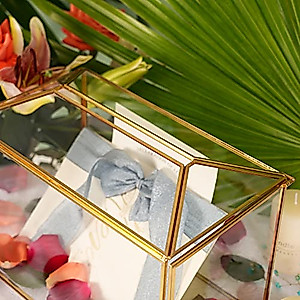 WHSLILR 10" Glass Card Box Wedding Card Box with Lock for Wedding Reception Cosmetic Home Decor, Handmade Large Geometric Terrarium with Hinged Lid, Brass Frame - (Golden/Roof)