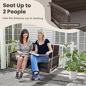 Tangkula Wicker Outdoor Porch Swing, 800 LBS Capacity Outdoor Swing Bench with Hanging Chains, Back and Seat Cushions, 2-Seater Hanging Patio Bench for Deck, Garden, Yard (Black)