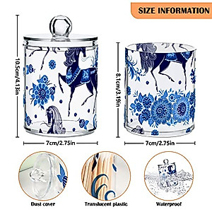 WELLDAY Apothecary Jars Bathroom Storage Organizer with Lid - 14 oz Qtip Holder Storage Canister, Blue Horse Floral Clear Plastic Jar for Cotton Swab, Cotton Ball, Floss Picks, Makeup Sponges,Hair Cli