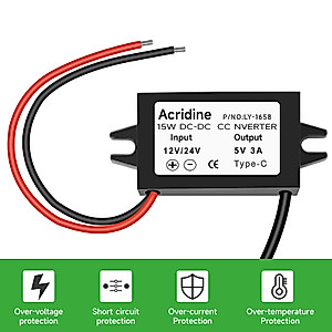 2-Pack DC 12V/24V to 5V USB C Buck Converter 3A 15W Type-C Output Charging Module Waterproof Buck Power Adapter Compatible with Raspberry Pi 4, Mobile