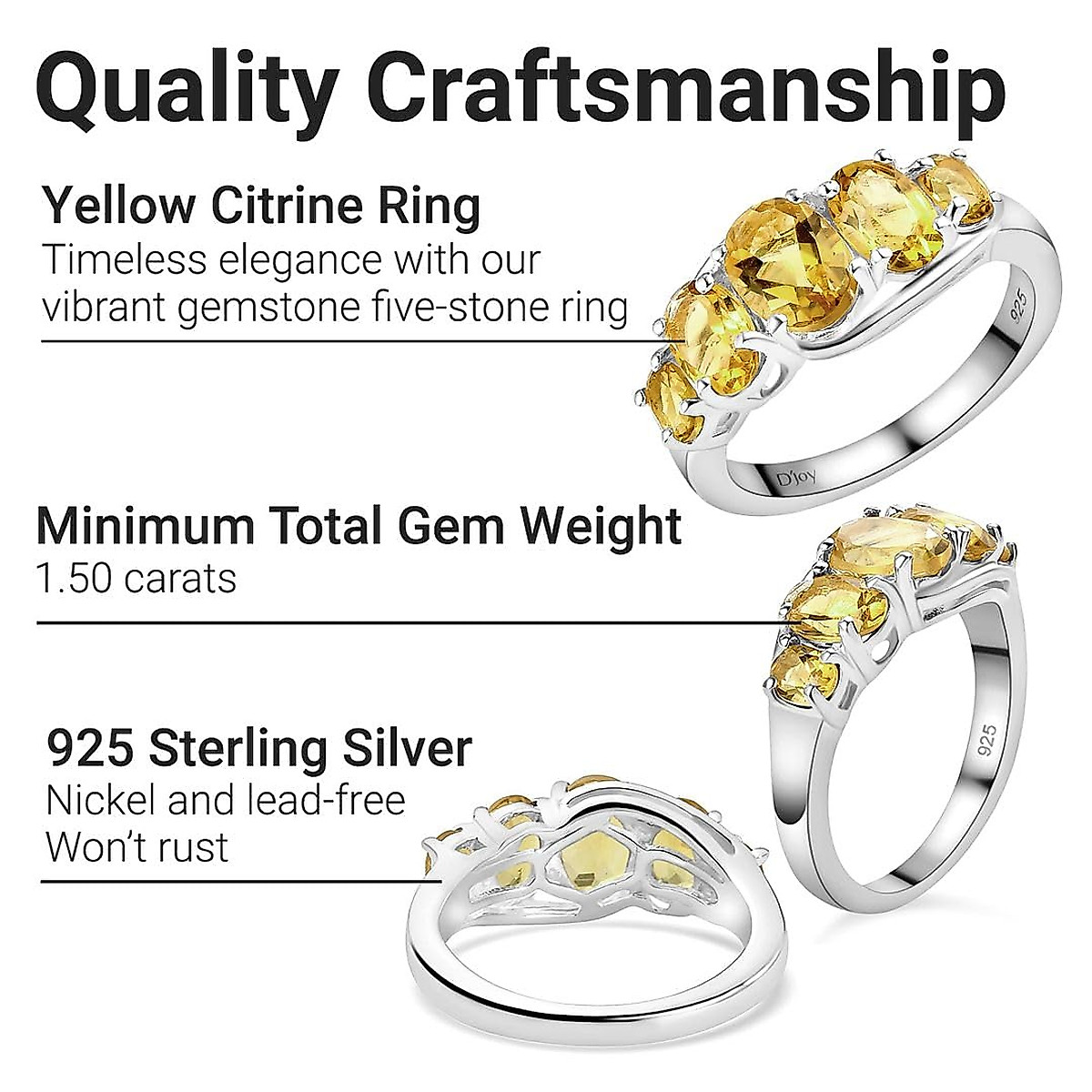 Shop LC Yellow Citrine 5 Stone Ring 925 Sterling Silver Size 9 Ct 1.50 Healing Birthstone Jewelry for Women Birthday Gifts for Women