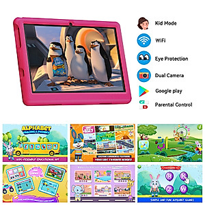 Freeski 10-inch Kids Tablet with Android 12, HD IPS Display Tablet for Kids, 2GB RAM, 32GB ROM, Quad-Core Processor, Kidoz Pre Installed, Parental Control, Kid-Proof Case (Pink)