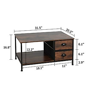 SENIG Coffee Table with Drawers, Coffee Table for Living Room, 2-Tier Coffee Tables with Storage Drawers，Brown Coffee Tables for Small Spaces, Rectangle Wood Ttable, Metal Side End Table