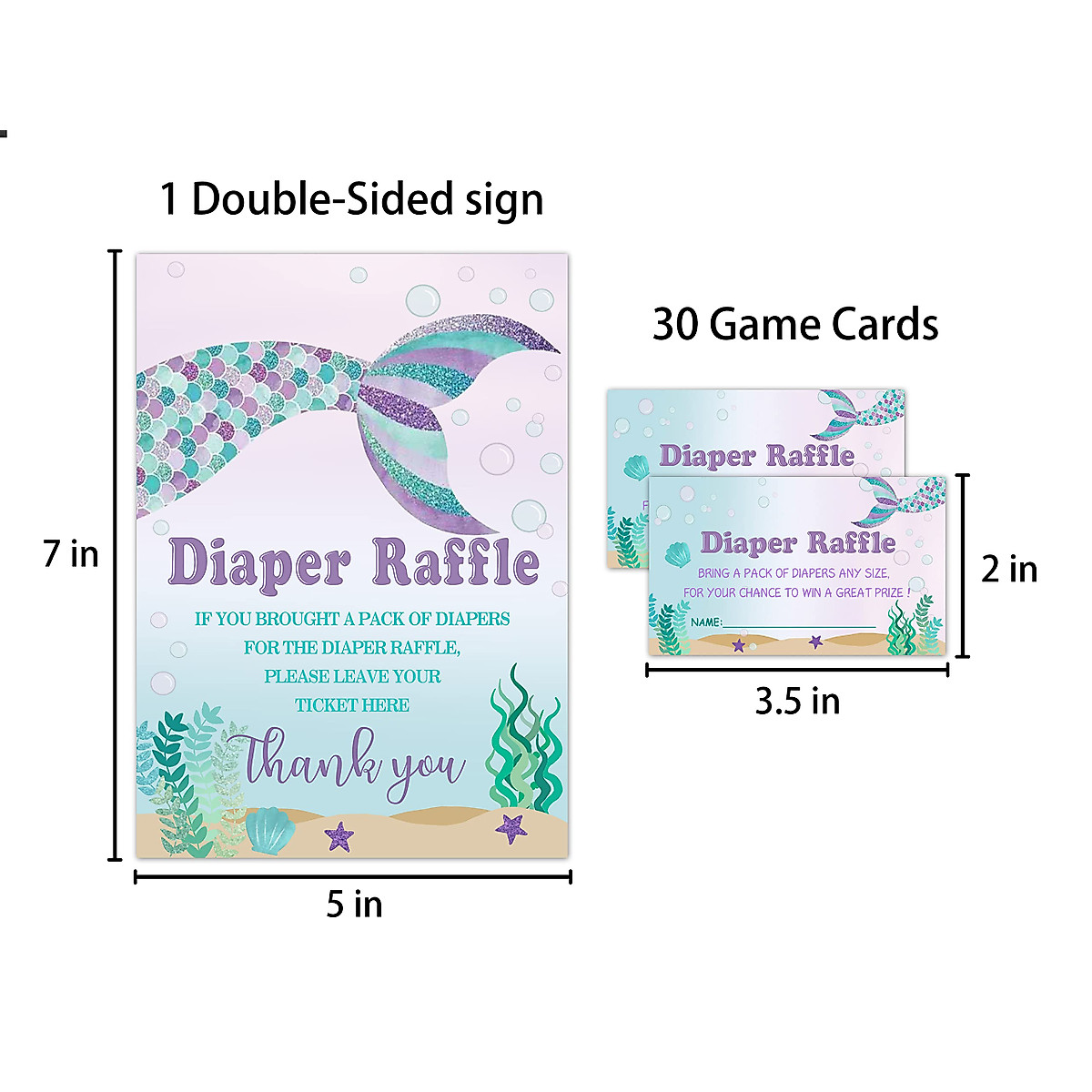 Nopoben Diaper Raffle Baby Shower Game, 1 Standing Sign and 50 Tickets, Mermaid Theme Gender Neutral For Boys or Girls, Bring A Pack of Diapers for Mom-To-Be, (025)
