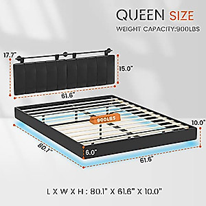 Hasuit Queen Floating Bed Frame with Led Light, Modern Inspired Queen Size Bed Platform, Vegan Leather Upholstered Wall Mounted Headboard, No Box Spring Needed, Noise Free, Easy Assembly