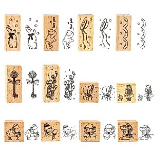 Wooden Plant Patterns Rubber Stamp - Plant and Flower Decorative Wooden Rubber Stamp Set for DIY Craft Card Scrapbooking Supplies Photo Album, Hand Book, Planner, Scrapbooking, 12Pcs (Young Girl)