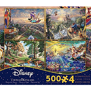 Ceaco - 4 in 1 Multipack - Thomas Kinkade - Disney Dreams Collection - Aladdin, Winnie the Pooh, Beauty & the Beast, & The Little Mermaid - (4) 500 Piece Jigsaw Puzzles