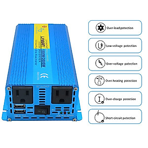 LVYUAN 1000W Pure Sine Wave Power Inverter DC 12V to 110V AC Converter with Dual AC Outlets Comapct Size and Daul 3.1A USB Car Charger for Car Home Laptop
