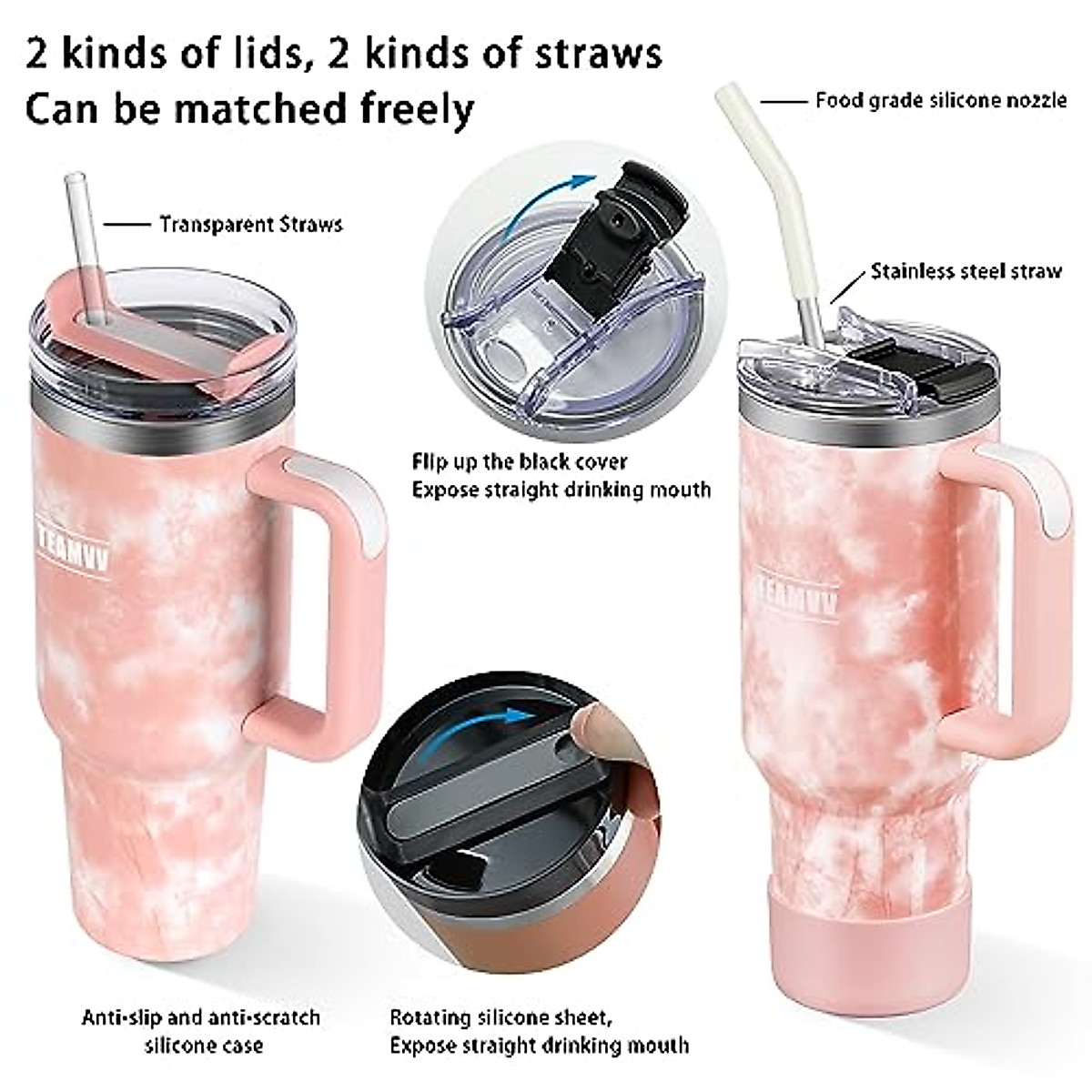 TEAMVV 40 oz Tumbler with Handle and Straw Stainless Steel Vacuum Insulated Tumbler Tea or Iced Coffee Mug for Hot or Cold Beverages 40 oz Tumbler with Handle(Peach Tie Dye)