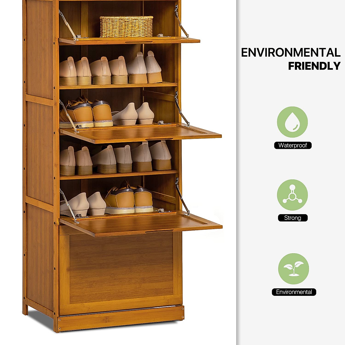 Magshion Bamboo Entryway Shoe Storage Cabinet with Pull-Down Door, 7-Tier Freestanding Shoe Cabinet Organizer for Hallway Entryway, for Convenient Shoe Organization (Brown)