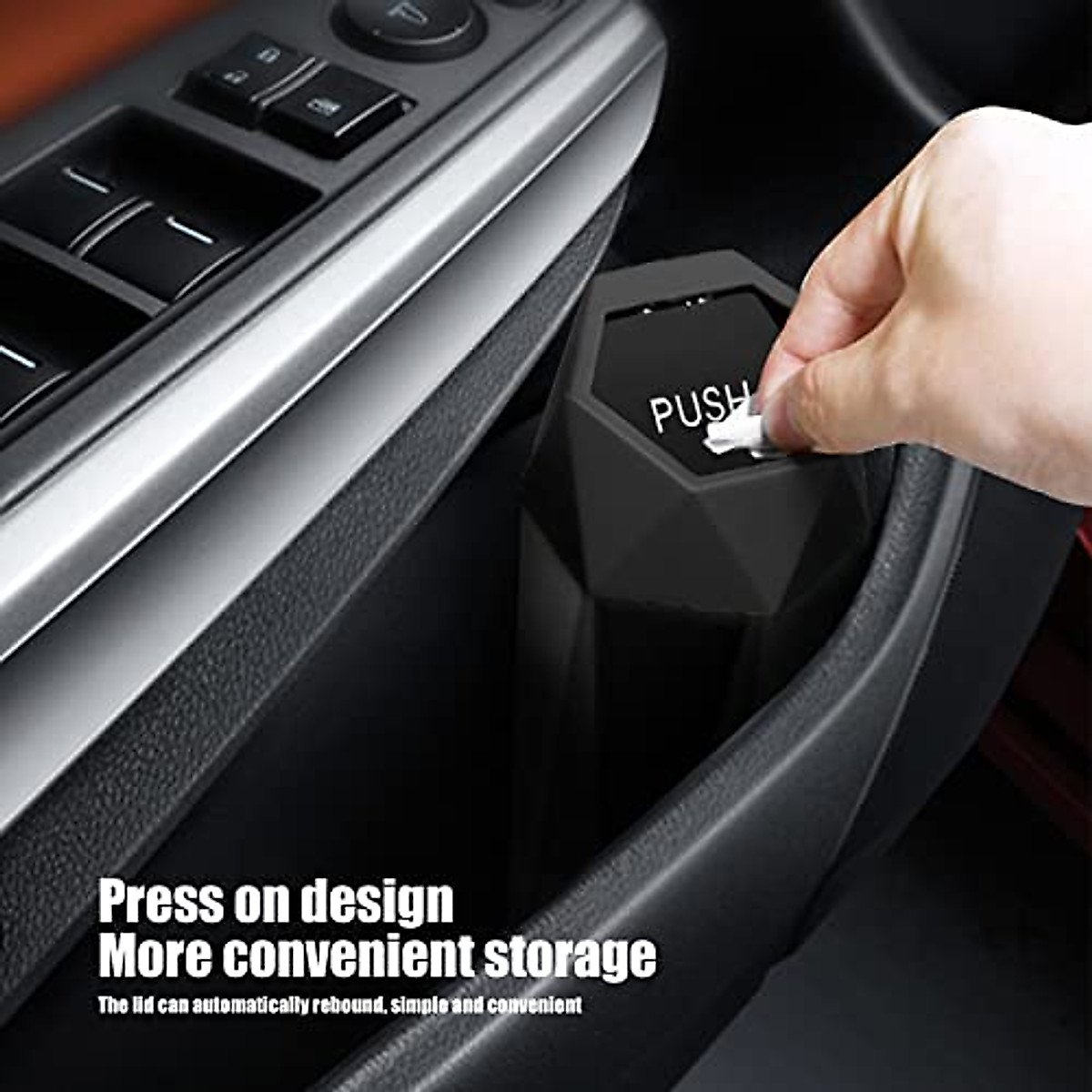 Yonput Pack-1 Car Trash Can with Lid, 3" x 7.8" Portable Automatic Small Trash Can, Diamond Design Waterproof Trash Can Used in Car Home Office (Black)