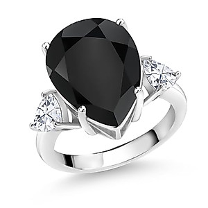 Gem Stone King 925 Sterling Silver Pear Shape Black Onyx and White Moissanite 3 Stone Ring For Women (8.31 Cttw, Gemstone Birthstone, Available In Size 5, 6, 7, 8, 9)