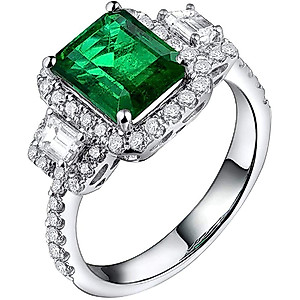 Lanmi Beautiful Natural Green Emerald Diamonds Engagement Ring Solid 14K White Gold Wedding Rings for Ladies Women Promotion