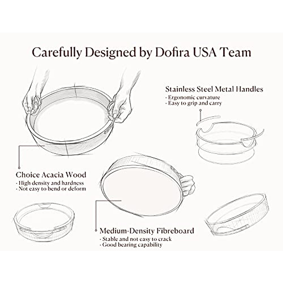 Dofira Acacia Wood Serving Tray with Metal Handles, 14" Round Food Drinks Tray for Coffee Table, Breakfast, Dinner & Bar, Rustic Decorative Storage Tray for Ottoman, Kitchen, Bedroom (Gift Packaging)