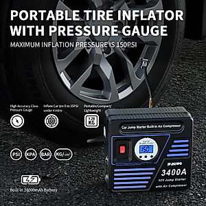 3400A Car Jump Starter with Air Compressor, 150PSI Tire Inflator with Digital Screen Pressure Gauge, 24000mAh 12V Auto Battery Booster (10.0L Gas/ 9.0LDiesel Engine), 2 USB Port 2 Light