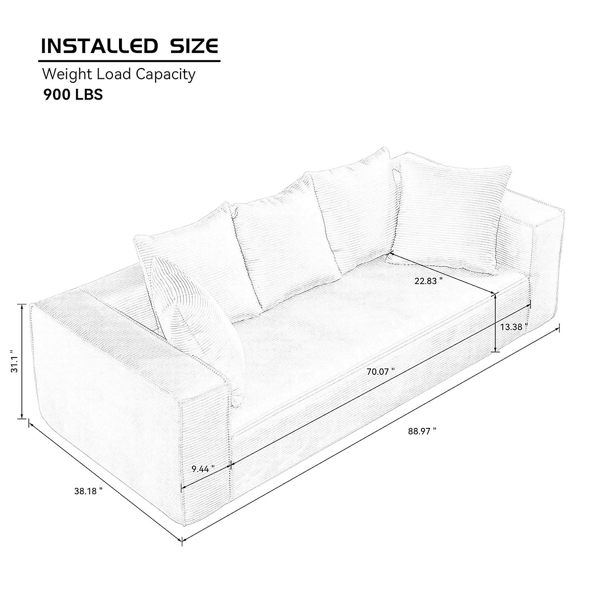 SumKea 3 Seater Sofa with 5 Pillows, Modern Minimalist Couch for Living Room, 89'’ Oversized Sofa with Extra Deep Seats, Vegan Corduroy Couch, Black