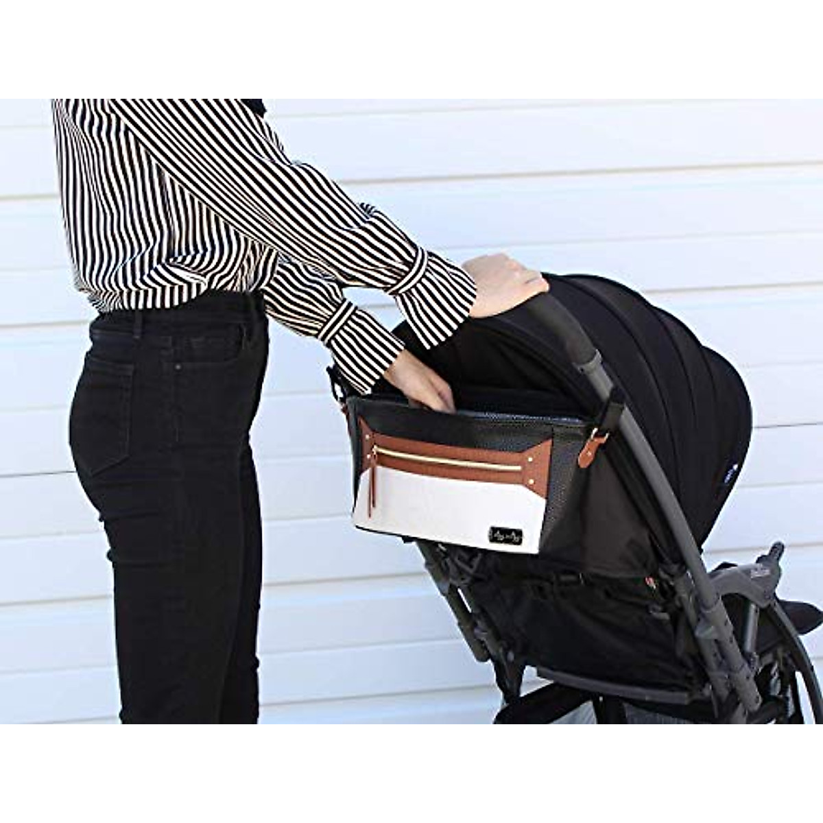 Itzy Ritzy Adjustable Stroller Caddy / Organizer Featuring Two Built-in Front Zippered Pocket and Adjustable Straps to Fit Nearly Any Stroller, Coffee and Cream
